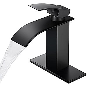 Qomolangma Black Waterfall Spout Bathroom Faucet, Single Handle Bathroom Vanity Sink Faucets, Rv Lavatory Vessel Faucet Suitable for 1 or 3 Holes with 6 Inch Deck Plate & Hose Matte Black