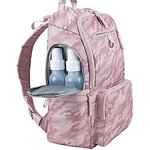 BODHI Baby Waterproof Multi-Function Travel Essentials Baby Tote Diaper Bag Backpack Changing Pad, Stroller Straps for Parents, Unisex, Pink Fluid Camo