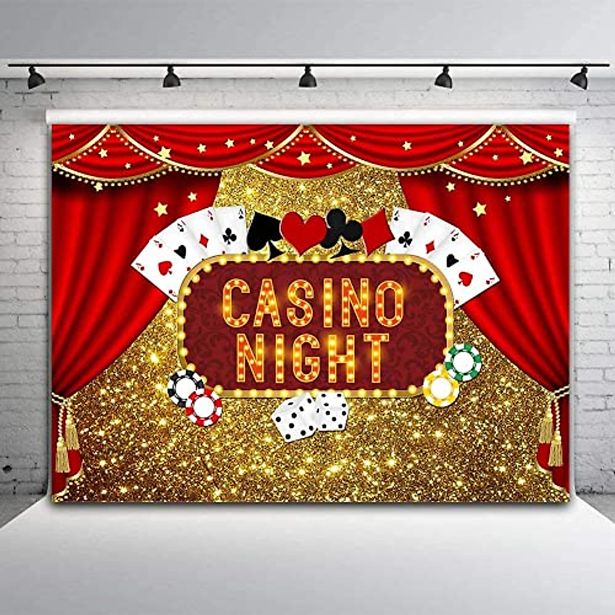 Casino Night Poker Dice Red Curtains Photography Backdrop Vinyl Las Vegas Gold Glitter Bokeh Photo Background Birthday Party Banner Decorations Banner 7x5ft Photo Booths Studio Props Dessert Table