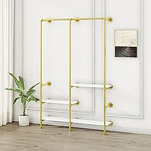 HEONITURE Gold Clothing Rack with 3-Tier Shelves, Multi-Purpose Heavy Duty Industrial Pipe Clothes Rack, Wall Mounted Garment Hanging Rods for Closet and Bedroom (Gold)