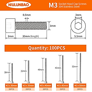 NIULUNBAO M3 x 30mm 35mm 40mm 45mm 50mm Hex Socket Head Cap Screws Bolts, 304 Stainless Steel, Metric Machine Fully Threaded, Bright Finish, Allen Hex Drive, Assortment Kit 100PCS