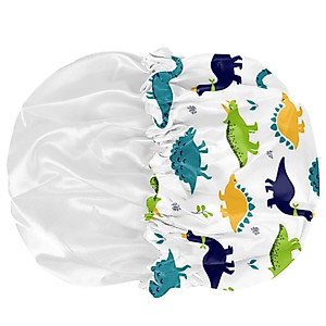 Babrukda Kids Hair Cover, Children Satin Bonnet, Boys Girls Satin Sleep Cap, Adjustable Elastic Band Beanie Hat for Night Sleeping Easy Clean Headwear for Toddler Baby Dinosaur