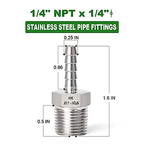 TAISHER 5PCS Forging of 304 Stainless Steel of Air Hose Fittings, Hose Barb Fittings 1/4" Barb x 1/4" MNPT Pipe Adapter with 5PCS Hose Clamp