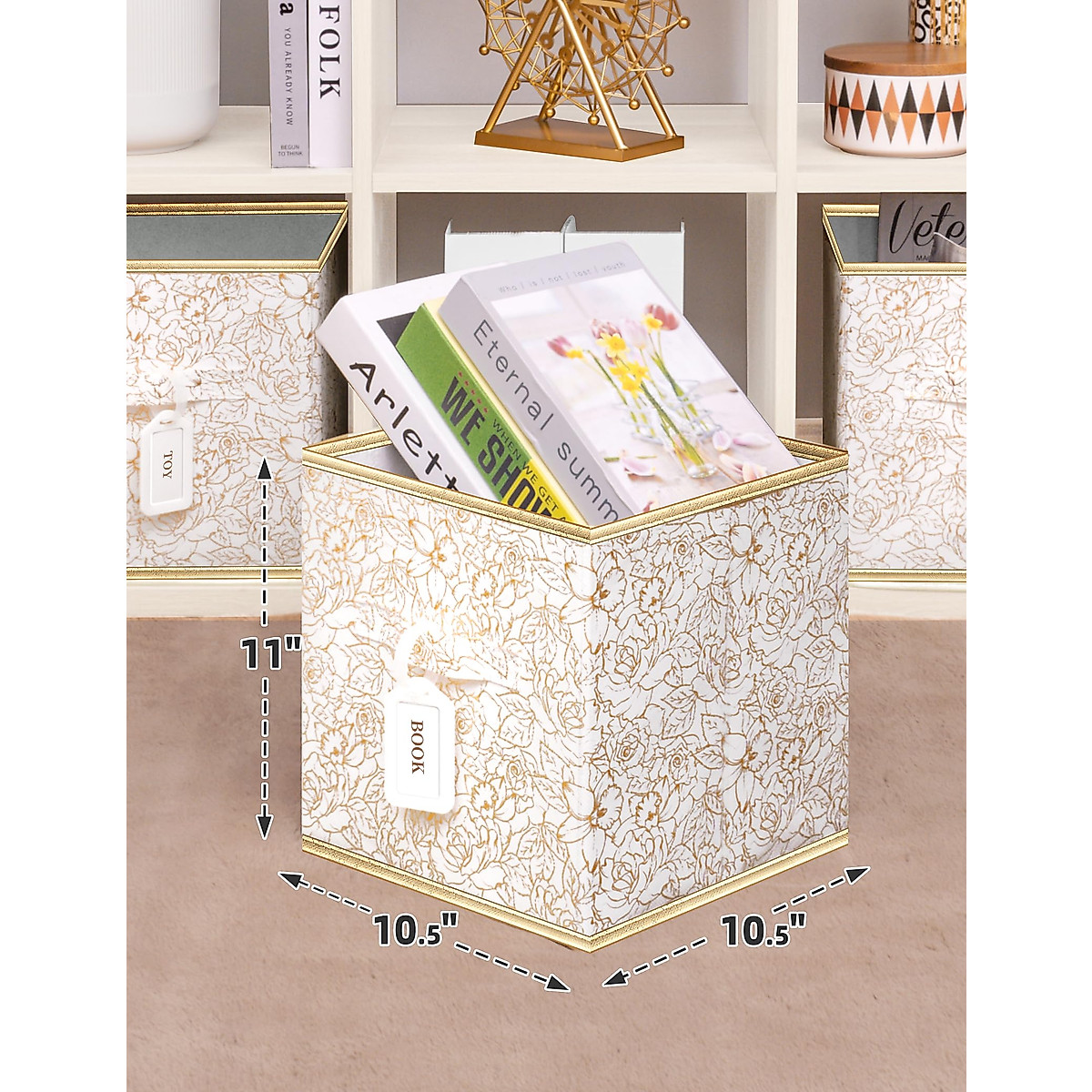 DAMAHOME Collapsible Storage Cube Bins - Fabric Cubby Organizer,Gold Flower Decorative Shelf Basket Dual Handles,11 Inch Metallic Box For Nursery/Home Office/Closet/Kids Room/4-Pack(Flower Gold)