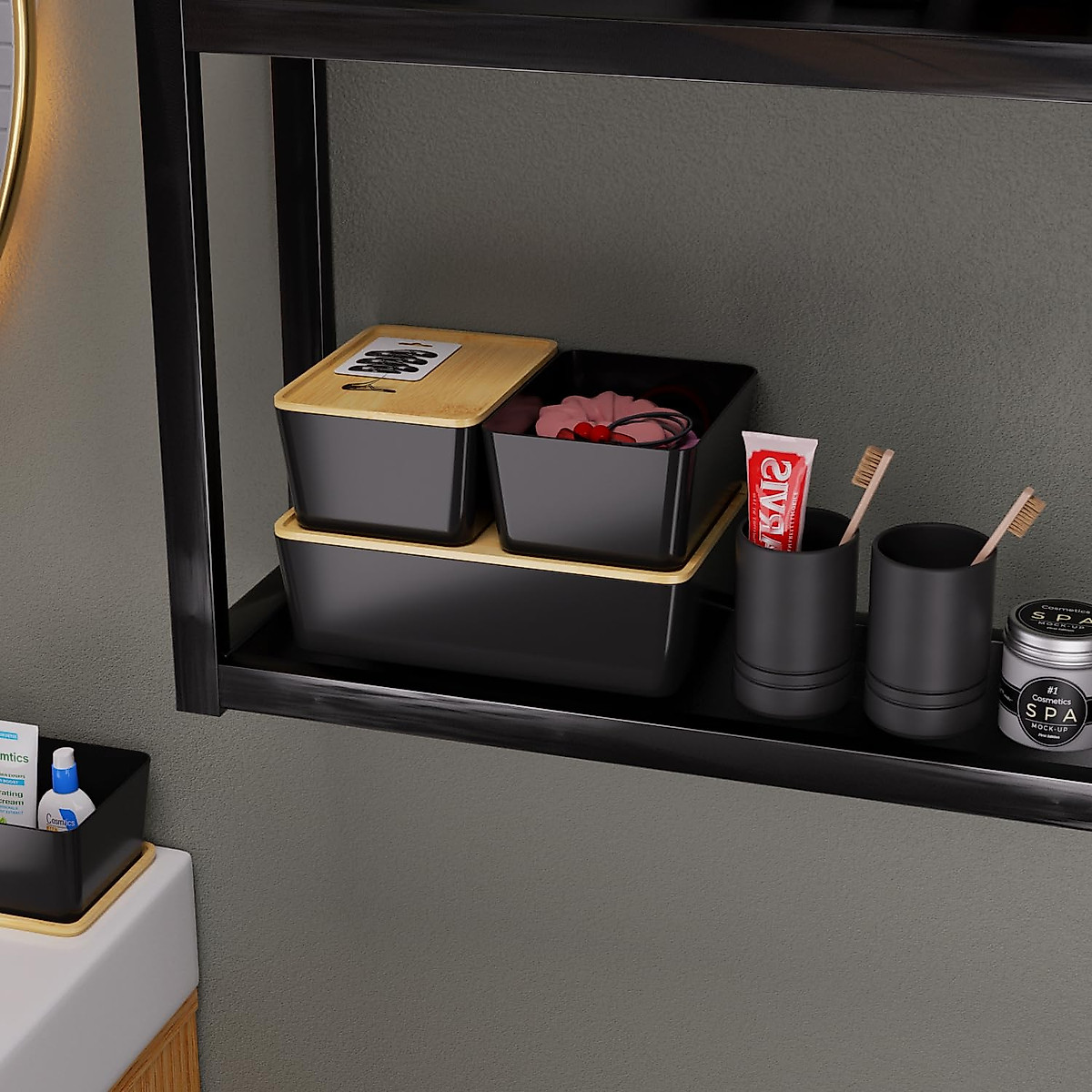 CHANCETSUI Stackable Storage Bins lids For Work: 7X10 Black Storage bins, Office Desk Accessories Storage Containers with Lids, Stackable Bins for Home and Office Organization, bamboo Lid, 2 Pack