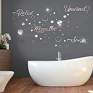 60 Pieces 3D Acrylic Mirror Wall Stickers Decor, Bathroom DIY Removable Mirror Wall Decals Sticker Decor Circle Bubbles for Bathroom Bedroom Living Room Home Decoration (Silver)