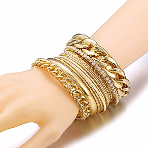 Ensoul Fashion Gold Color Multiple Textured Metal Bracelets & Bangles Set 14Pcs/Set W/Rhinestones