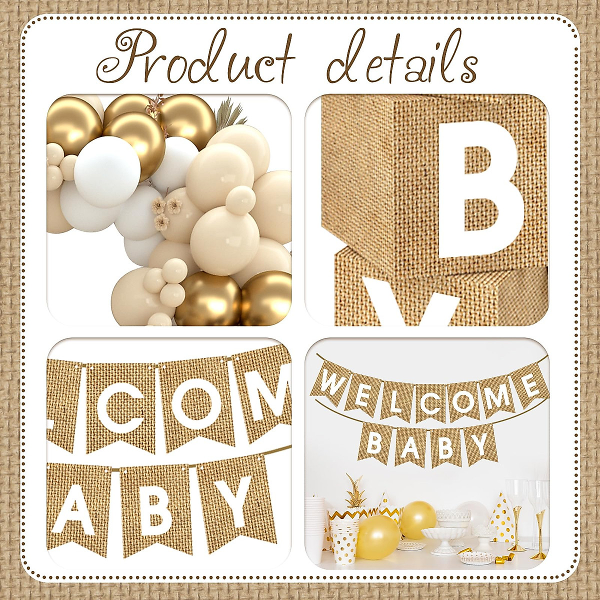 Boho Baby Shower Decorations-97Pcs Burlap Grain Baby Boxes,Nude and Gold Balloons Arch Kit and "WELCOME BABY" Banner for Neutral Baby Shower Decorations,Birthday Party Supplies,Gender Reveal