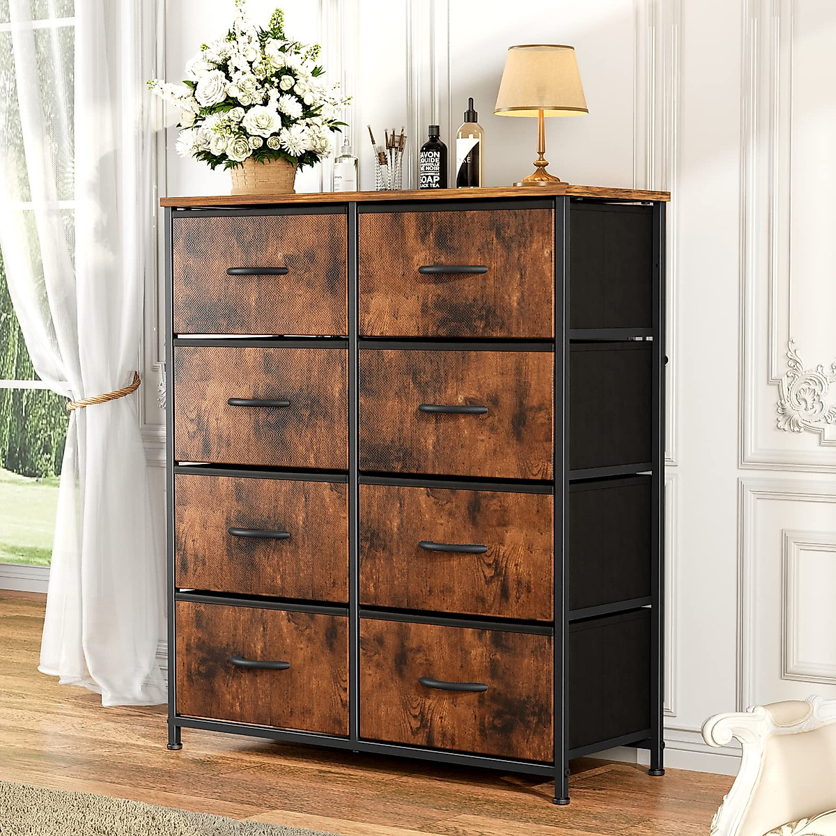 SMUG Dresser for Bedroom Cabinet Organizers Wood Top Table Furniture with 8 Fabric Storage Tower Unit, Chest of Drawers for Closet, Living Room, Hallway, Porch, Rust Brown