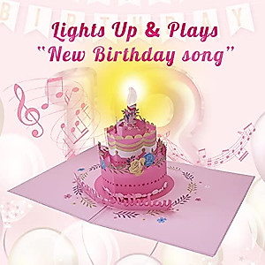 Blowable Candle 3D Birthday Pop Up Card, Musical Birthday Cards with Light, Music and Flower, Pink Cake Card, Blow Out LED Light Candle and Play Happy Birthday Song Greeting Card for Women Wife, Girlfriend, Mom