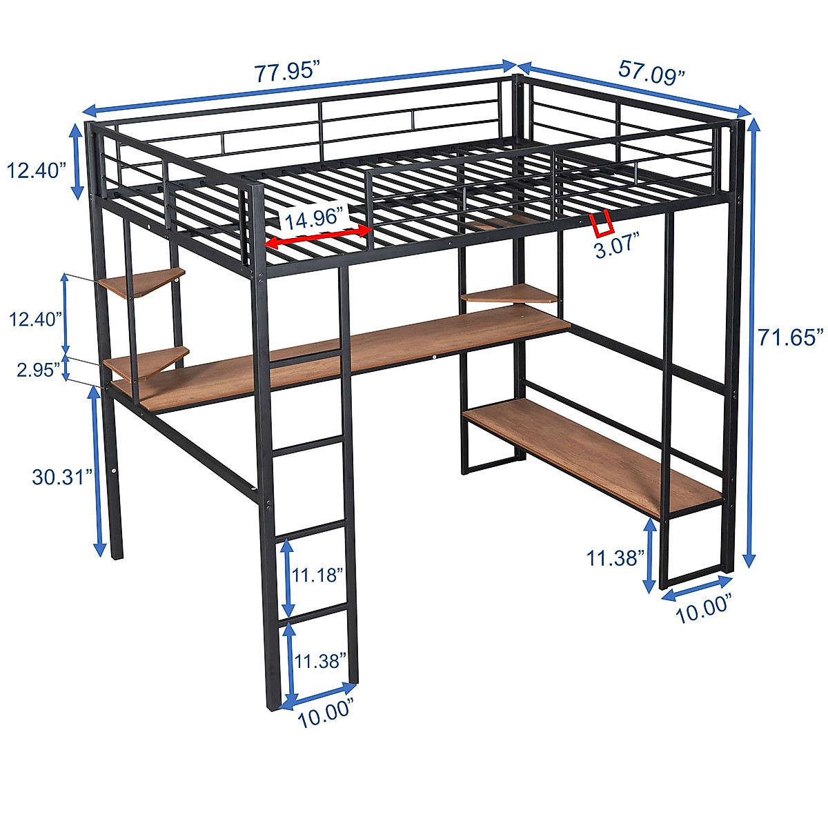 BIADNBZ Full Size Loft Bed with Desk and Shelves Storage, Metal High LoftBed Frame w/Ladder for Kids Teens Adults Bedroom, Black