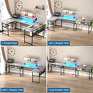 Unikito U Shaped Computer Desk with Power Outlet and LED Strip, Reversible L Shaped Office Desk with Monitor Stand and Bookshelf, Modern U- Shape Corner Desk, 130 Inch 2 Person Gaming Table, White Oak