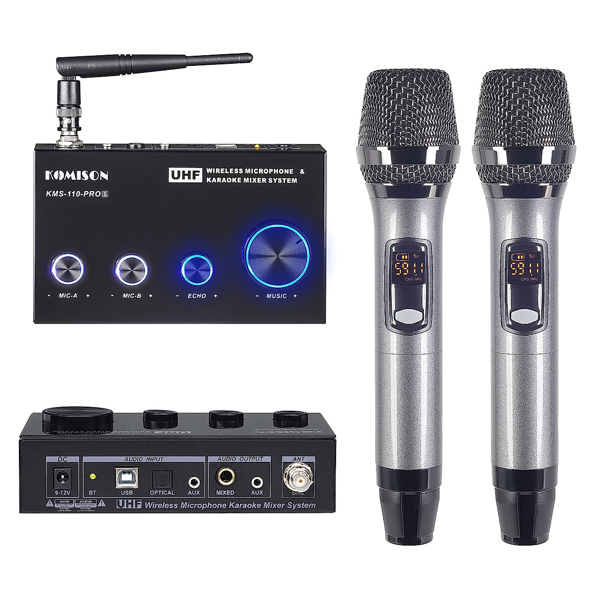 KOMISON Wireless Microphone System Karaoke Mixer, Microphones, Audio Interface, Optical (Toslink), USB，Smart TV, PC, for Karaoke, Wedding, Singing, 280FT