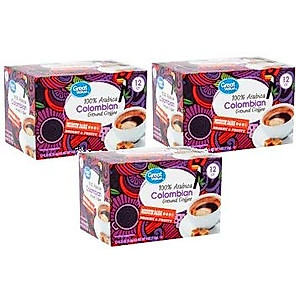 Great Value 100% Arabica Colombian Medium Dark Ground Coffee Pods, 0.33 oz, 12 count (Pack of 3)