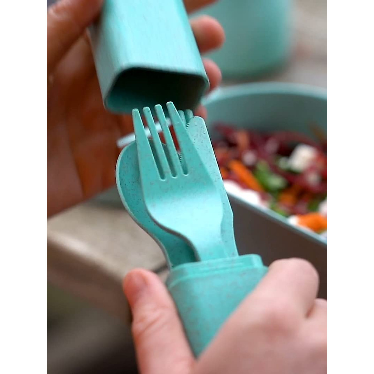 Travel Utensils Set with Case - Travel cutlery set including Knife, Fork, Spoon and Chopsticks with Portable Case for camping. Made from Eco Friendly, Reusable Materials by Lund London – Mint