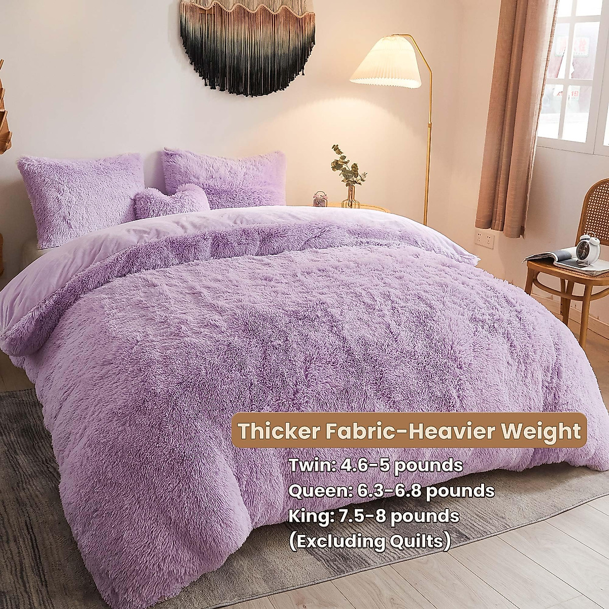 MEGO Luxury Shaggy Plush Duvet Cover Set, Soft 3 Pieces Fluffy Faux Fur Comforter Cover Set, Fuzzy Bedding Set Lavender Lilac(1 Furry Duvet Cover + 2 Pillow Shams), Zipper Closure(Queen, Orchid)