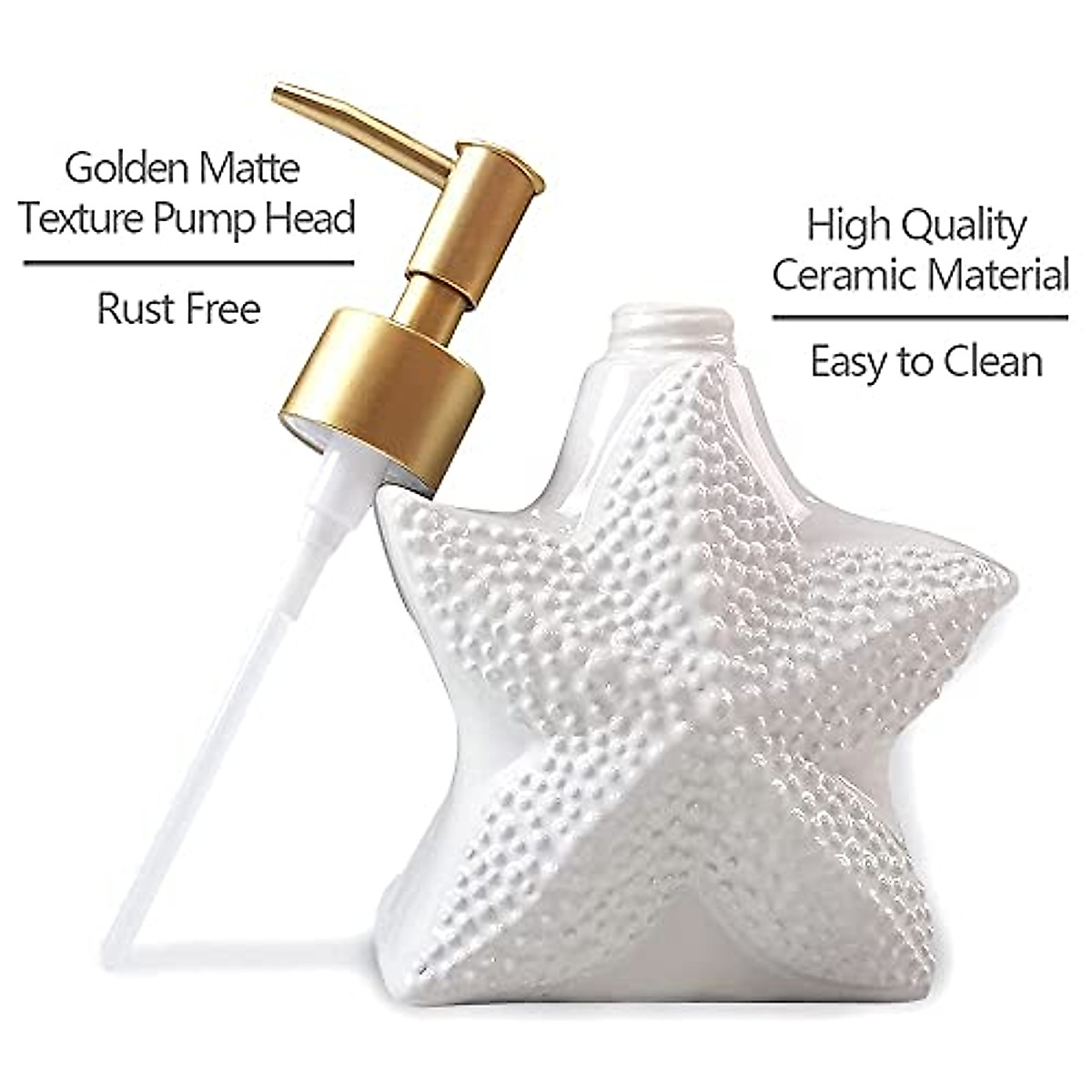 Starfish-Shaped Soap Dispenser, White Ceramic Lotion Bottle with Noble Golden Matte Pump, Ocean Themed Décor for Kitchen Sink or Bathroom