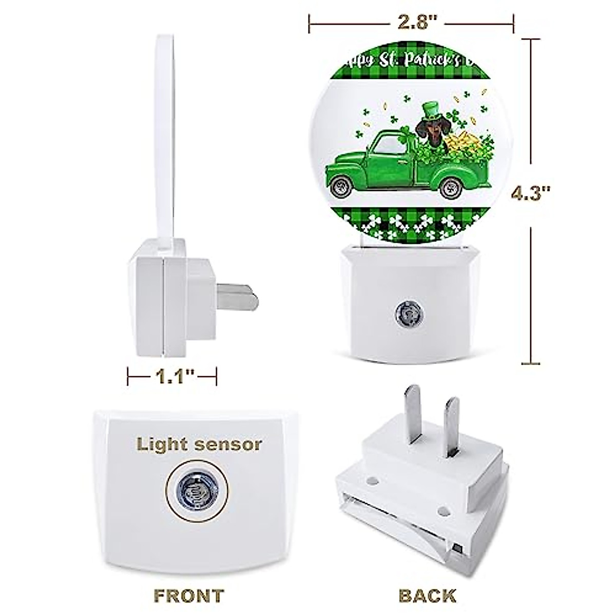 Night Light Plug into Wall, LED Nightlights Happy St. Patrick's Day Shamrock Funny Dachshund Truck Green Plaid Small Nightlight Auto Dusk-to-Dawn Sensor Lamp LED Night Lights for Kid's Bedroom