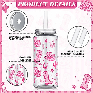 Qinyoung 24 Pcs Western Cowgirl Cowboy lPlastic Tumbler 14.2 oz Reusable Cups with Lids and Straws Beer Can Iced Coffee Cup for Preppy Party Decoration Women Cowgirl Gift(Pink)