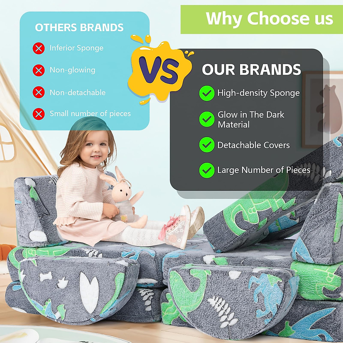 Longzhuo 10PCS Modular Kids Play Couch, Soft Nugget Couch, Kids Couch Bed Fold Out Toddler Sofa Glow in The Dark, Kids Chair Kids Sofa Couch Convertible Sofa Foam Couch in Playroom Bedroom Furniture