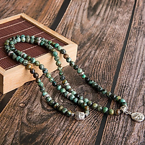 Bivei 108 Mala Beads Necklace Beaded Wrap Bracelets Genuine Gemstone Mala Prayer Beads Lotus Charm Yoga Meditation Necklace - African Turquoise