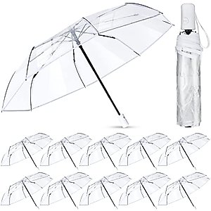 Sanwuta 12 Pack Transparent Folding Umbrella Full Automatic Clear Foldable Umbrella 8 Ribs Tri-Fold Auto Open Close Umbrellas for Rain Travel Wedding(White)