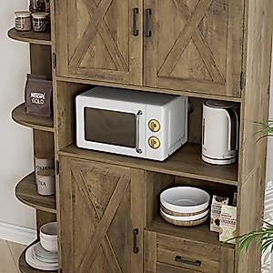 HOSTACK 60.4" Farmhouse Kitchen Pantry Storage Cabinet, Freestanding Hutch with Doors & Shelves, Buffet Sideboard with Microwave Stand, Coffee Bar with Drawers, Cupboard for Dining Room, Rustic Brown