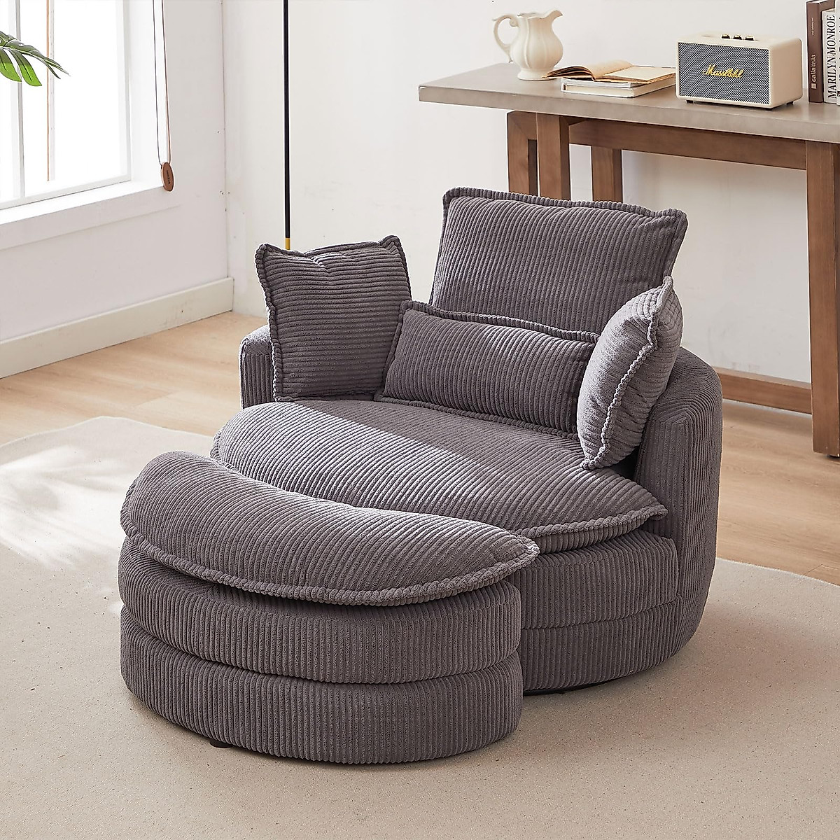38"W Oversized Cuddle Sofa Chair Lounger with moon storage ottoman, Modern Accent Round Loveseat Circle Swivel Barrel Chairs, Swivel Chair Armchair for Bedroom, Living Room, 4 Pillows, CORDUROY(Grey)