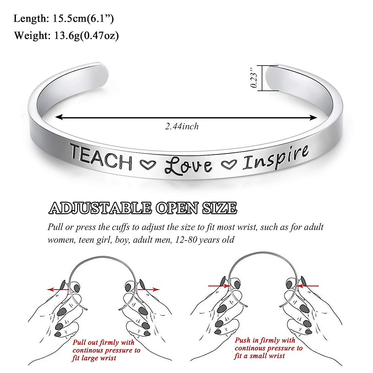 CERSLIMO Teacher Thank You Gifts for Women Bracelets- Teach Love Inspire Cuff Bangle Graduation Appreciation Back to School End of Year Christmas Gifts, Retirement Gifts for Teacher