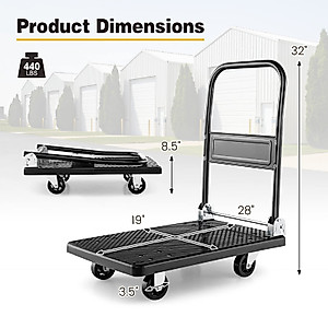 Goplus Folding Push Cart Dolly, Moving Platform Hand Truck w/ 360° Swivel Wheels, Spacious & Non-Slip Loading Area, Rolling Flatbed Cart for Loading & Storage, 440 LBS Max Load (28" x 19")