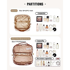 EACHY Travel Makeup Bag,Large Capacity Cosmetic Bags for Women,Waterproof Portable Pouch Open Flat Toiletry Bag Make up Organizer with Divider and Handle (Large-Brown, Large)