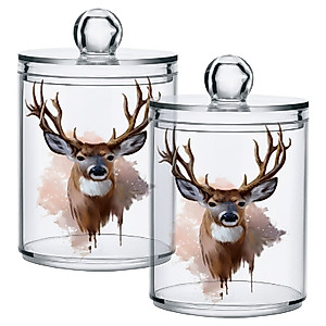 2 Pack Qtip Dispenser Apothecary Jars Bathroom Organizer, Deer Antlers Qtip Holder Storage Canister Plastic Acrylic Jar for Cotton Ball/Swab/Rounds