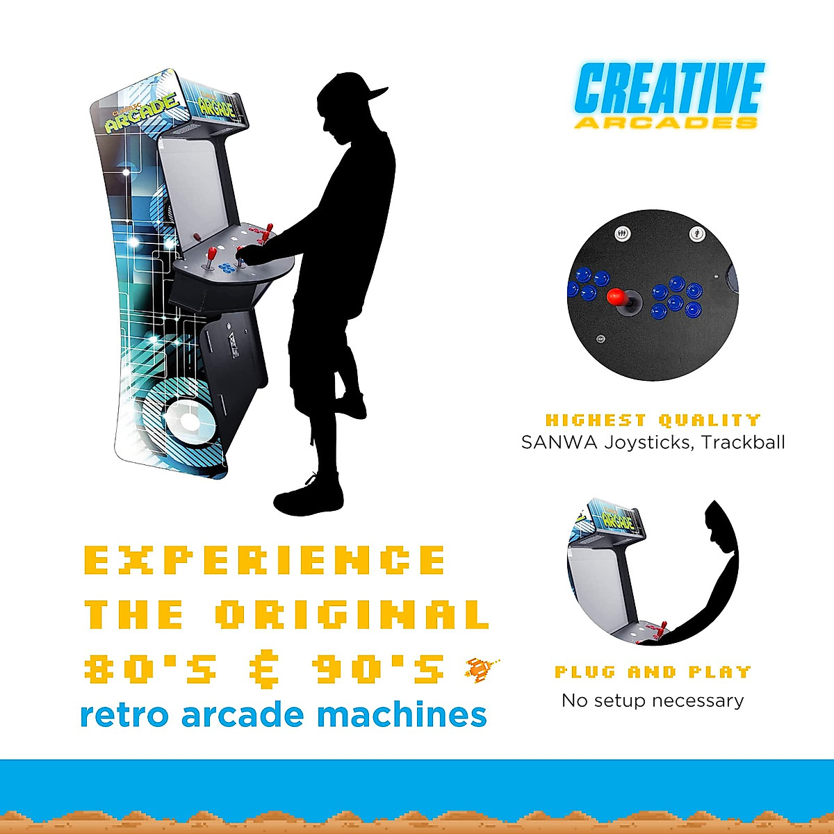 Creative Arcades Slim Full Size Stand-Up Commercial Grade Arcade Machine | 4 Player | 4500 Games | 32" LCD Screen | 4 Sanwa Joysticks | Trackball | 2 Stools Included | 3 Year Warranty