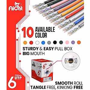 AiCat Cat6 Ethernet Cable 500ft - 23 AWG, CMR, ETL, Insulated Solid Bare Copper Wire Cat 6 Cable with Noise Reducing Cross Separator - 550MHZ / 10 Gigabit Speed Unshielded UTP LAN Cable (Blue)