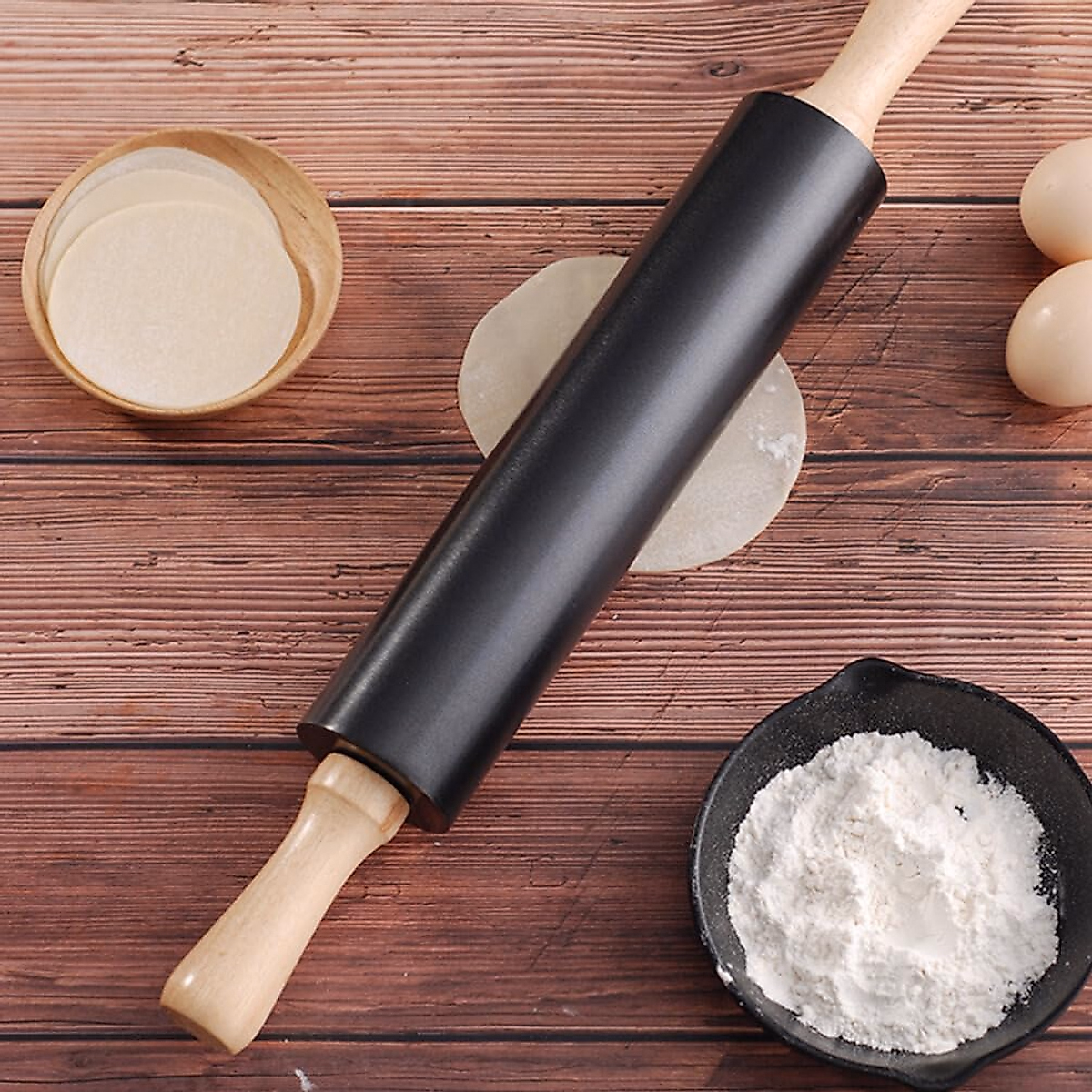 Baking Rolling Pin Wooden Rolling Pin Dough Roller for Making Pizza Cookie Pastry Pasta Dumpling and Dough (Black) Wood Rolling Pin