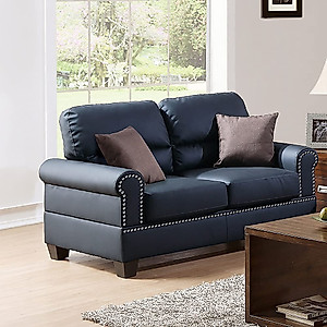 Poundex Bobkona Shelton Bonded Leather 2 Piece Sofa and Loveseat Set, Black