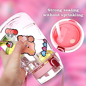 44 Oz Cute Water Bottles with Straws,Creative Kawaii High Capacity Cups,Leakproof Pot Belly Bottles with Adjustable Shoulder Strap,Anti-Fall Portable Juice Kettle Drinking Bottle Transparent Water Jug