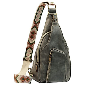 Flovey Sling Bag for Women Small PU Leather Crossbody Fanny Packs with Jacquard Wide Strap Hiking Cycling Travel Daypack