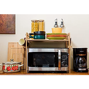 BAMBOO LAND- Bamboo Microwave Rack Countertop with Hooks and Built-in Knife Holder, Microwave Shelf Countertop, Countertop Shelf, Microwave Stand Countertop, Microwave Oven Rack, Over Microwave Shelf