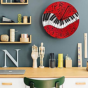 Round Wall Silence Clock Music Musical Notes with Piano Decorative Non-Ticking Battery Operated Clock Red White Wooden Wall Decor Clock for Bedroom Living Room Home Office School