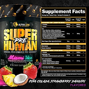 ALPHA LION Superhuman Pre Workout Powder, Beta Alanine, L-Taurine & Tri-Source Caffeine for Sustained Energy & Focus, Nitric Oxide & Citrulline for Pump (21 Servings, Miami Vice)