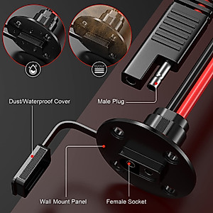 EXTRACTME 2-Pack SAE Connector Harness with 15A Fuse, 2FT 12AWG SAE Power Socket Sidewall Port Connector, SAE Solar Panel Flush Mount Quick Connector Plug Cable for Solar Generator Battery Charger