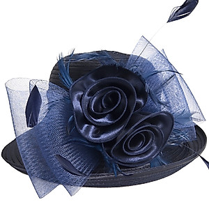 HISSHE Women Kentucky Derby Dress Church Wedding Party Feather Bucket Hat S608-A, Navy, Medium