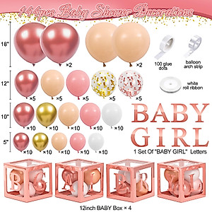 144Pcs Rose Gold Balloons Baby Shower Decorations for Girl Baby Boxes with Letters Pink Princess Balloon Arch Kit Kids Gender Reveal Wedding Bridal Birthday Party Supplies