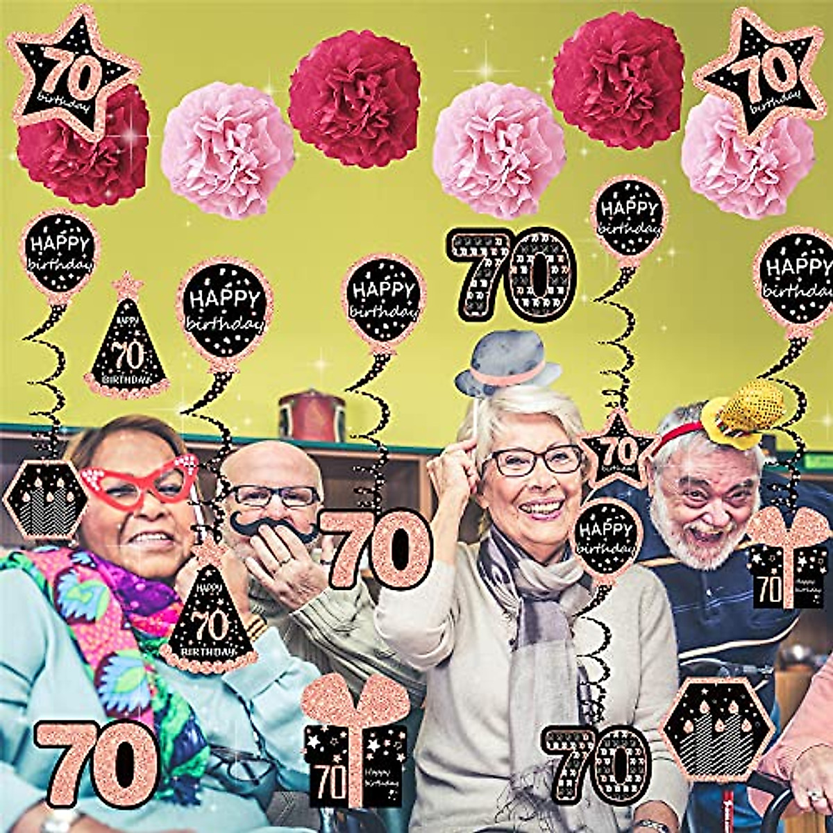 70th birthday decorations for women - (21pack) cheers to 70 years rose gold glitter banner for women, 6 paper Poms, 6 Hanging Swirl, 7 decorations stickers. 70 Years Old Party Supplies gifts for women