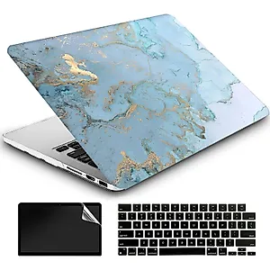 Blue Gold Marble Hard Cover Compatible with MacBook Air 13/13.3 Inch Case 2017 2016 2015 2014 2013 2012 2011 2010 A1466/A1369, AMCJJ Plastic Laptop Hard Shell Case & Keyboard Cover & Screen Protector