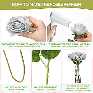 50 Pcs Artificial Rose Flower Realistic Silk Roses with Stem Bouquet of Flowers Plastic Flowers Real Looking Fake Roses for Home Wedding Centerpieces Party Decorations (Silver)