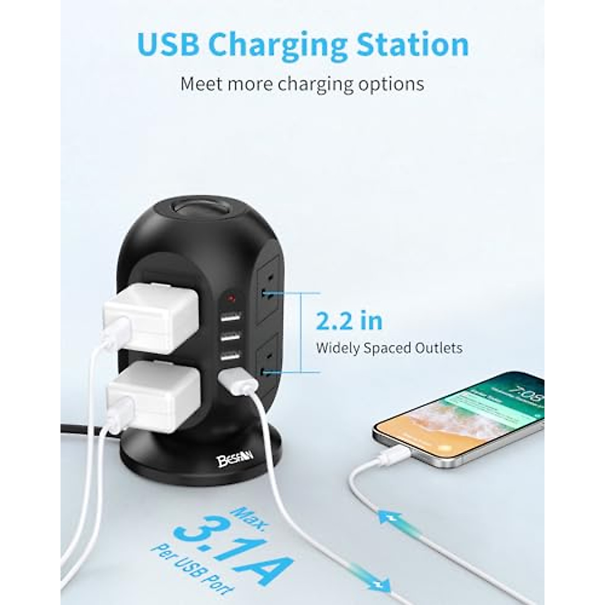 Surge Protector Power Strip Tower with USB Ports, BESFAN 8 AC Outlets 4 USB Ports,10 ft Long Extension Cord with Multiple Outlets Charging Station for Home Office Supplies Dorm Room Essentials