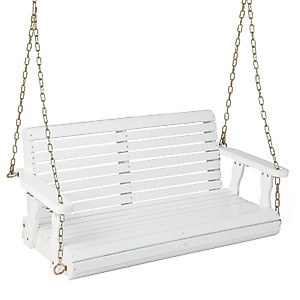 Tangkula 2 Person Hanging Porch Swing, Outdoor Bench Swing with Adjustable Chains, High Back, Cozy Armrests, Wooden Tree Swing Chair for Patio Backyard Deck Garden (White)