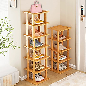 Bamboo Shoe Rack - Vertical Shoe Rack for Small Spaces, Tall Narrow Shoe Rack Organizer for Closet Entryway Corner Garage and Bedroom,Skinny Shoe Shelf Free Stackable DIY - Space Saving Storage